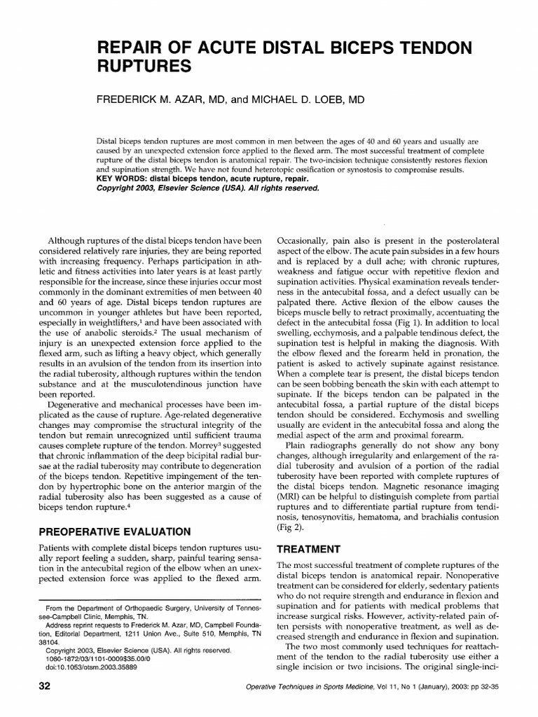 Azar 2003 Otsm Repair of Acute Distal Biceps Tendon Rupture | PDF ...