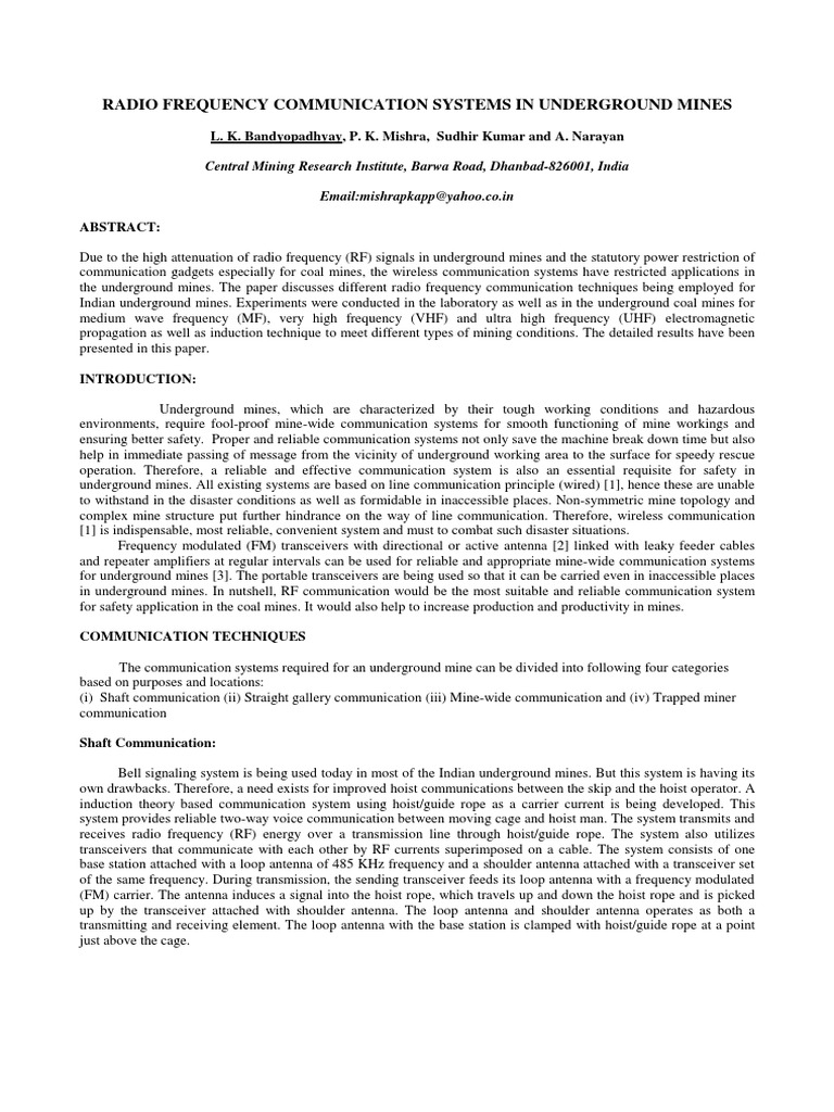 Communication Systems in Underground Mines | PDF | Radio Propagation ...