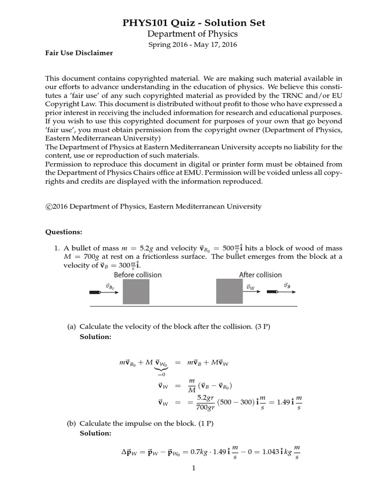 PHYS101 Quiz - Solution Set: Department of Physics | Download Free PDF | Collision | Physical ...