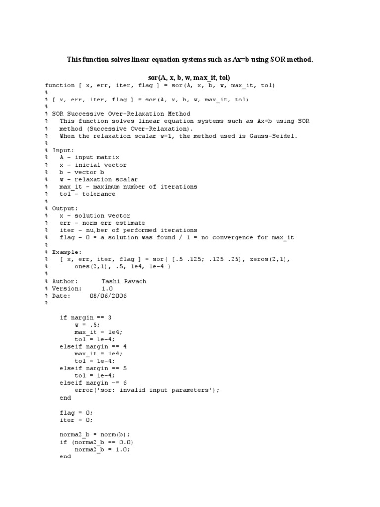 This Function Solves Linear Equation Systems Such As Ax B Using Sor Method Sor A X B W Max