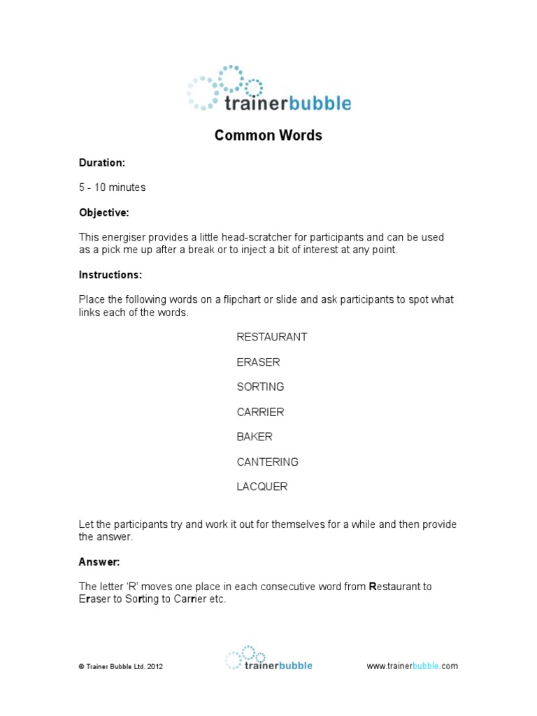 Common Words Energiser | PDF