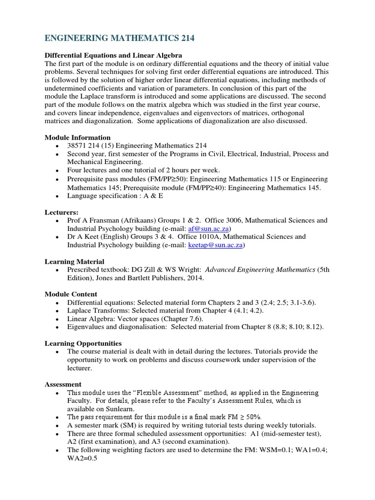 Engineering Mathematics 214 | PDF | Matrix (Mathematics) | Linear Algebra