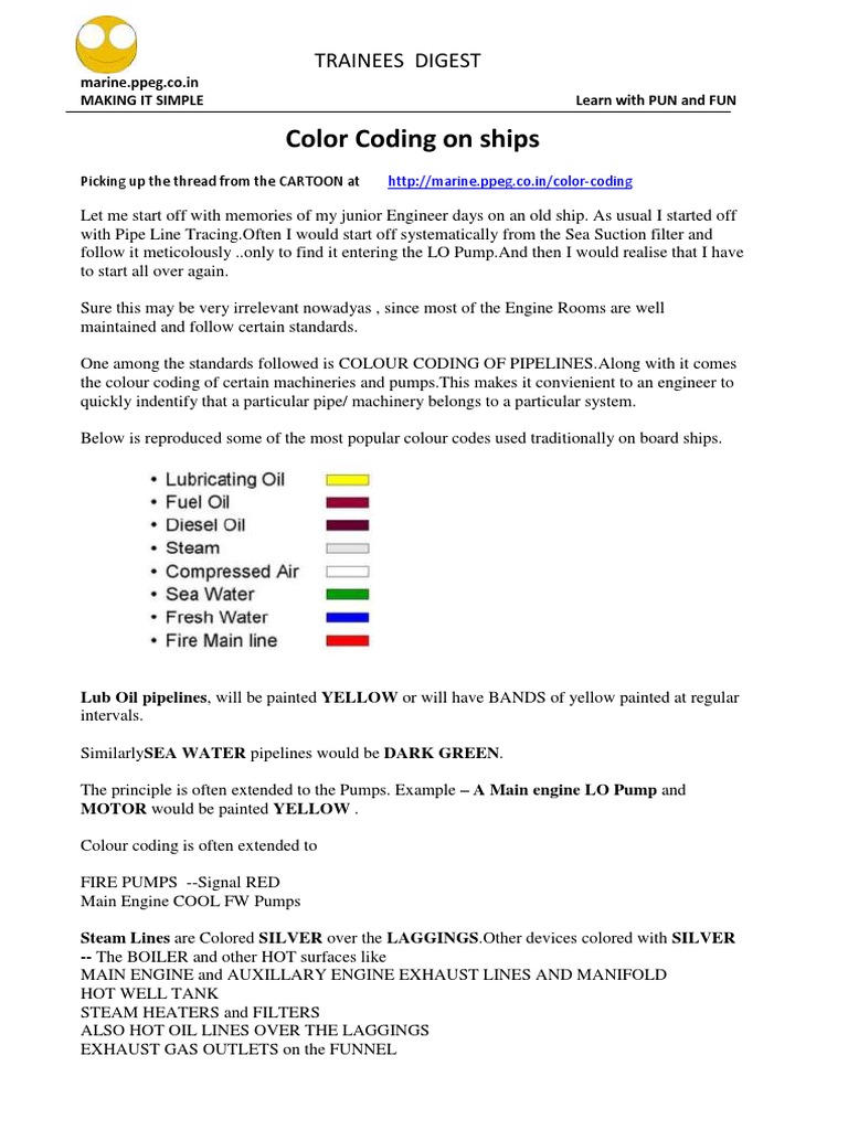 Color Coding On Ships: Trainees Digest | PDF | Pump | Steam