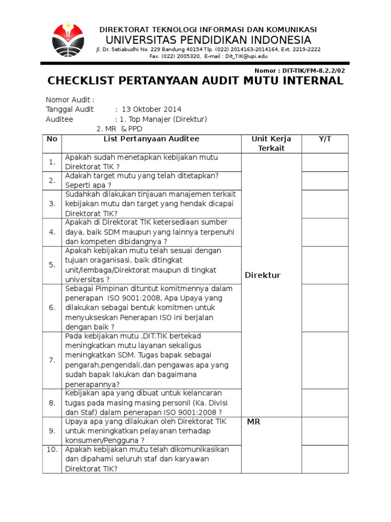Checklist Audit Mutu Internal | PDF