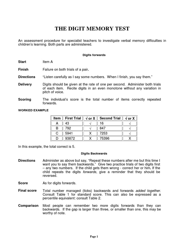 The Digit Memory Test PDF | PDF