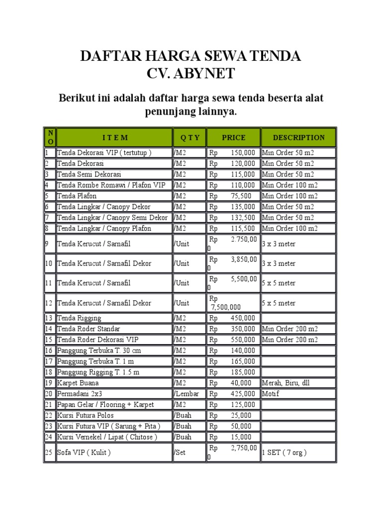 Daftar Harga Sewa Tenda