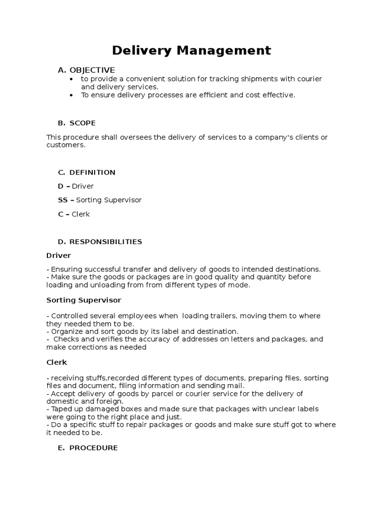 Delivery Management: A. Objective | PDF