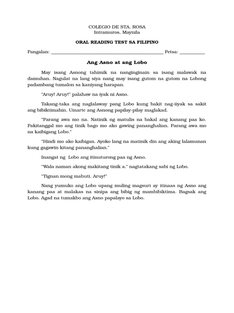 Ang Asno at Ang Lobo: Oral Reading Test Sa Filipino | PDF