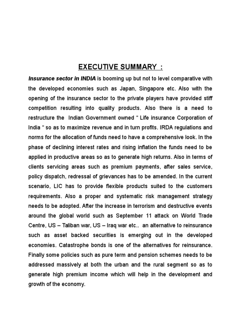 Executive Summary:: Insurance Sector in INDIA Is Booming Up But Not To ...