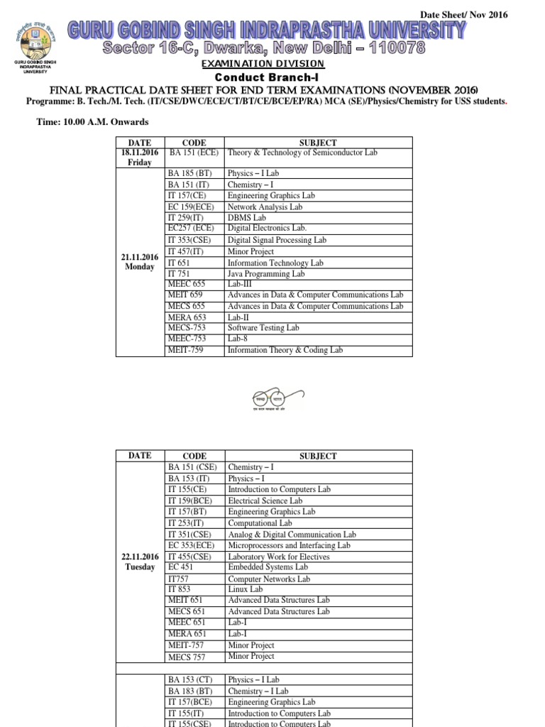 Conduct Branch-I: Final PRACTICAL Date Sheet For End Term Examinations ...