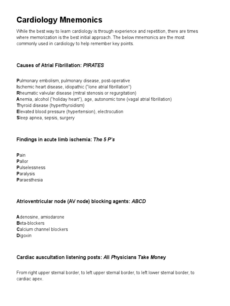 Essential Cardiology Mnemonics | PDF | Heart | Cardiology