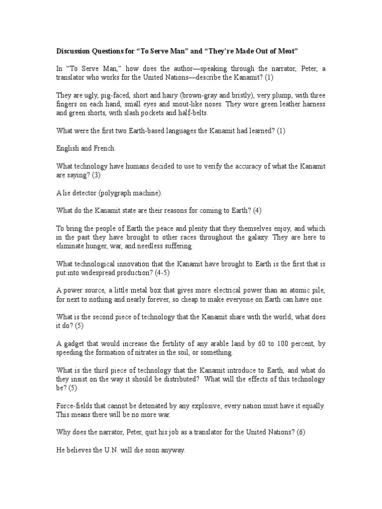 Discussion Questions For To Serve Man and Theyre Made Out of Meat | PDF ...