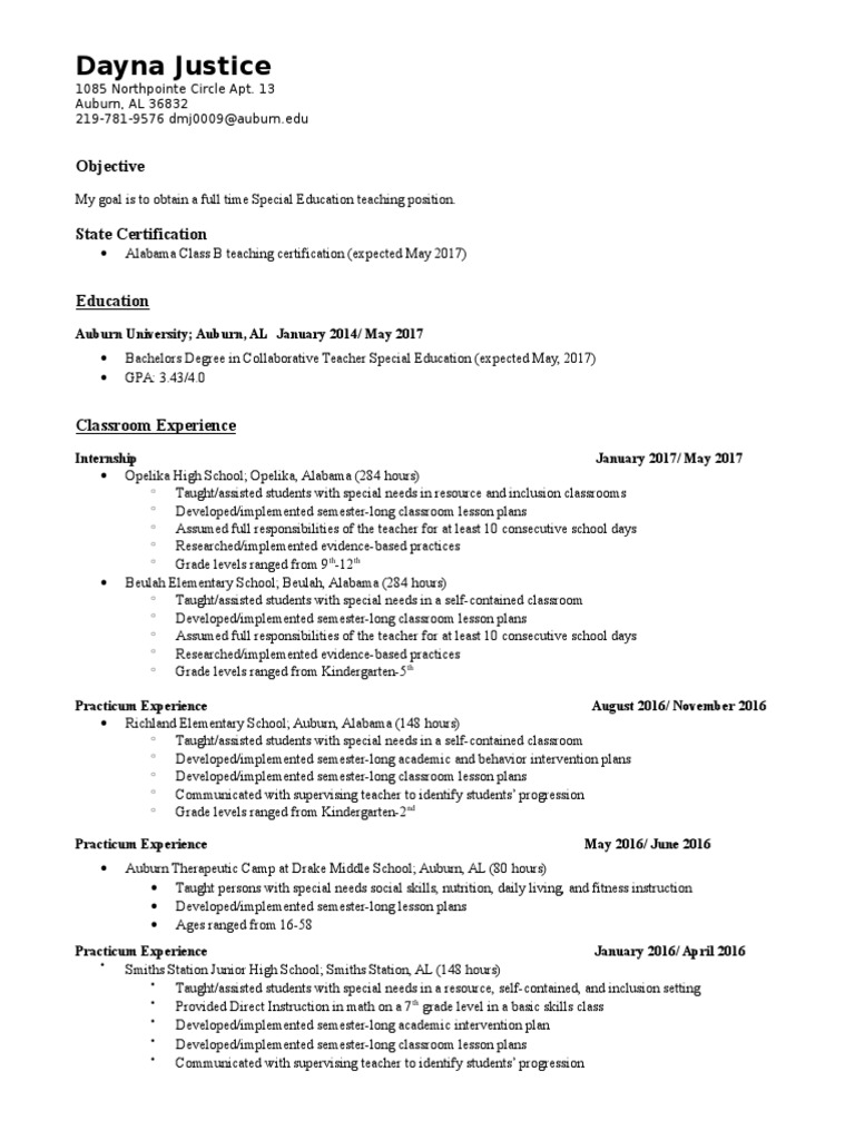 Dayna Justice Teaching Resume | PDF | Special Education ...