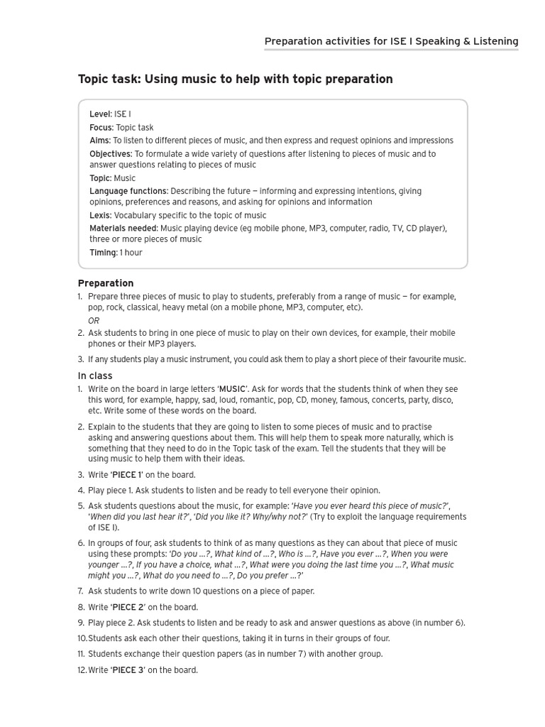 ISE I Topic Task - Music | PDF | Question | Test (Assessment)