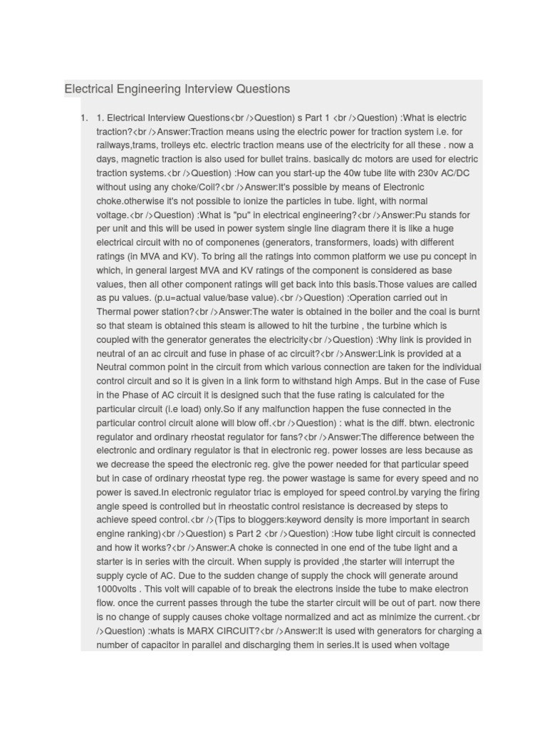 Electrical Engineering Interview Insights | PDF | Transformer ...