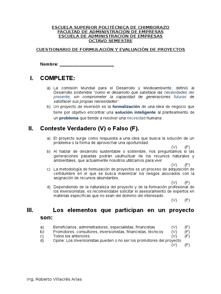 Cuestionario de Proyectos | PDF | Degradación ambiental | Desarrollo ...