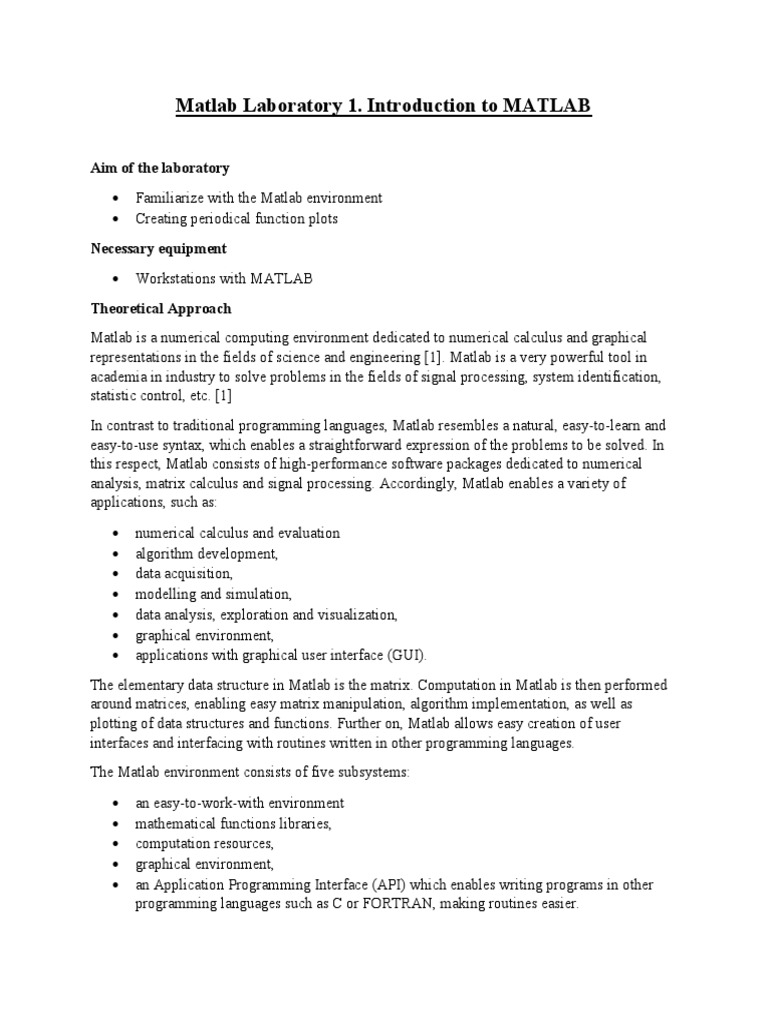 Matlab Laboratory 1. Introduction To MATLAB | PDF | Matlab | Numerical Analysis