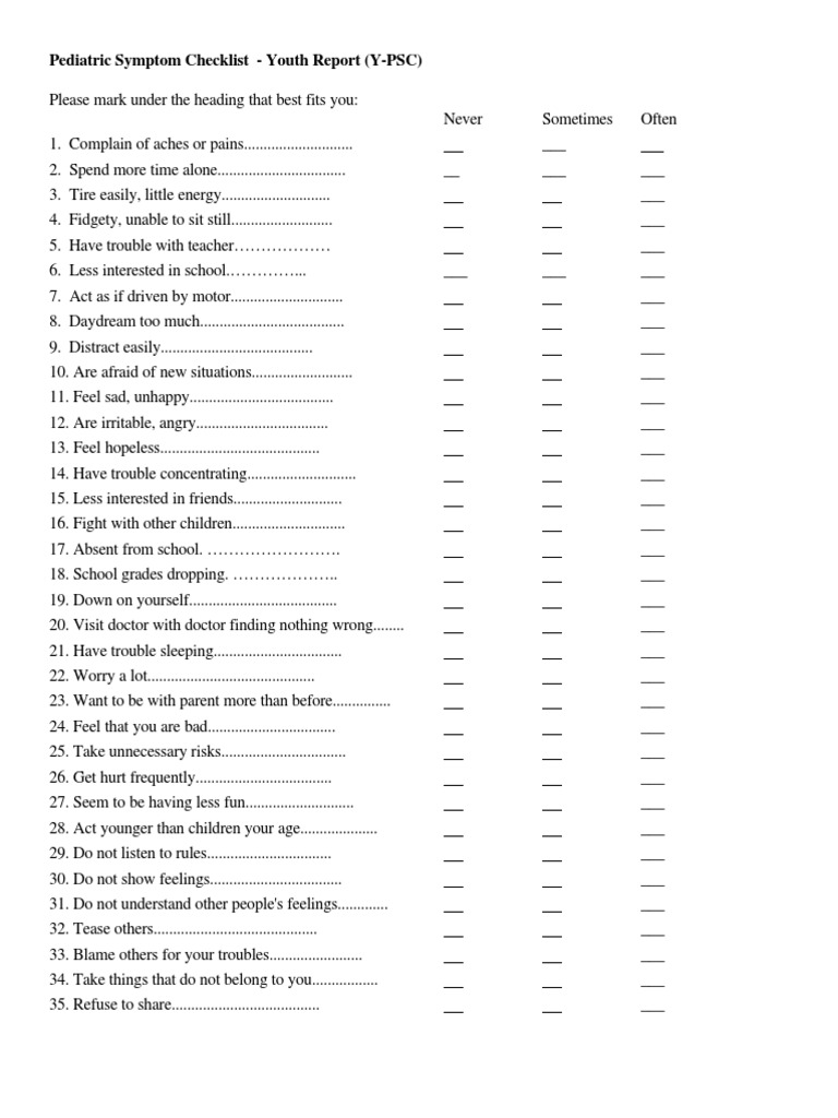 Pediatric Symptom Checklist - Youth Report (Y-PSC) | PDF