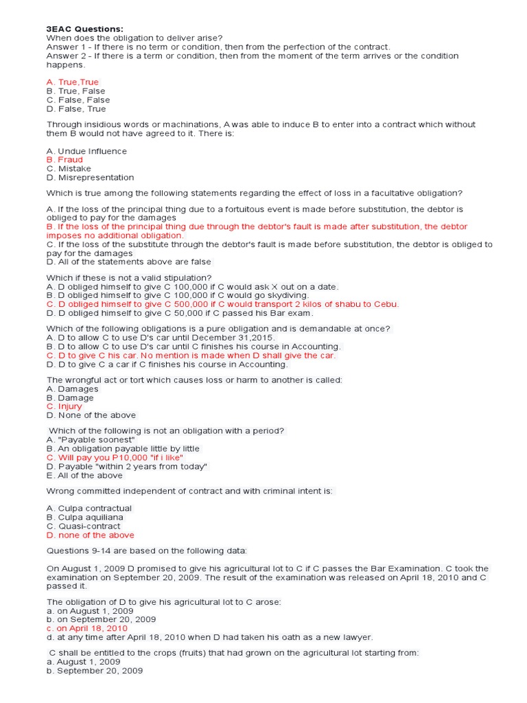 Obli Sample Questions | PDF | Insolvency | Damages