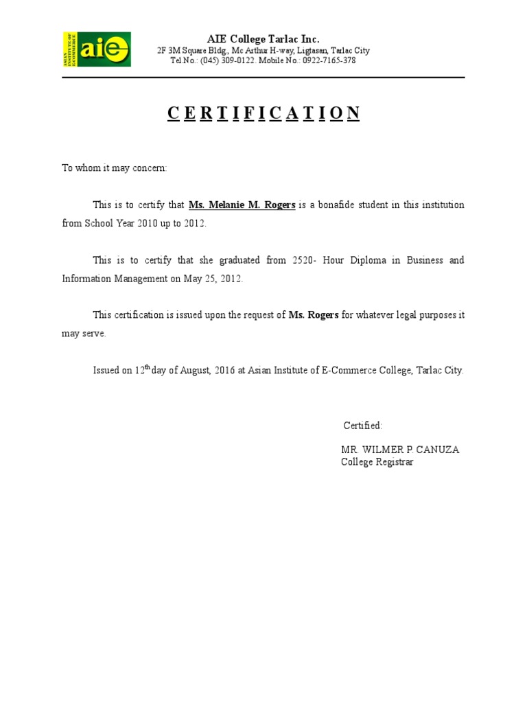 Certification: AIE College Tarlac Inc | PDF