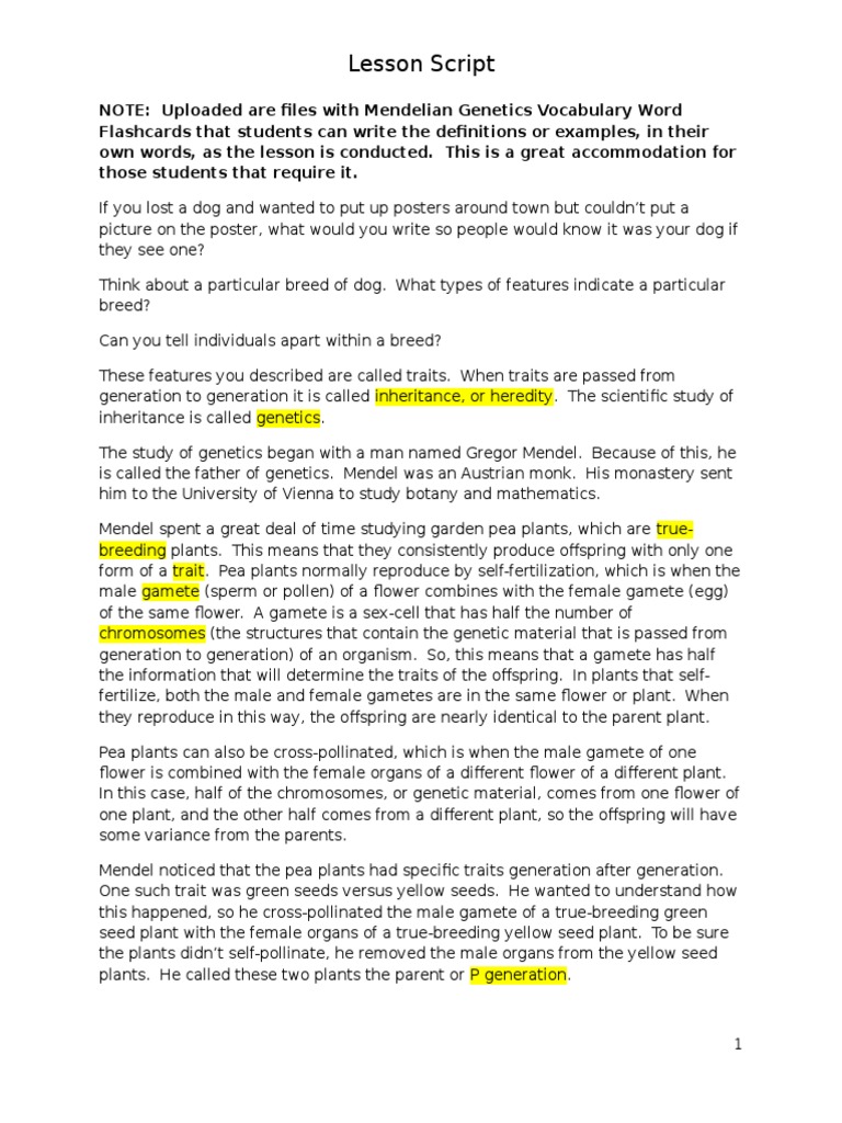Mendelian Genetics Lesson Script | PDF | Dominance (Genetics) | Zygosity