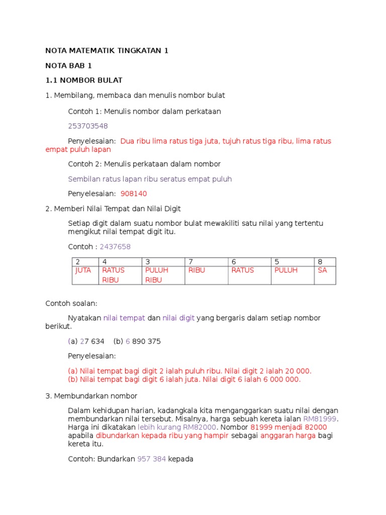 Nota Matematik Tingkatan 1 | PDF