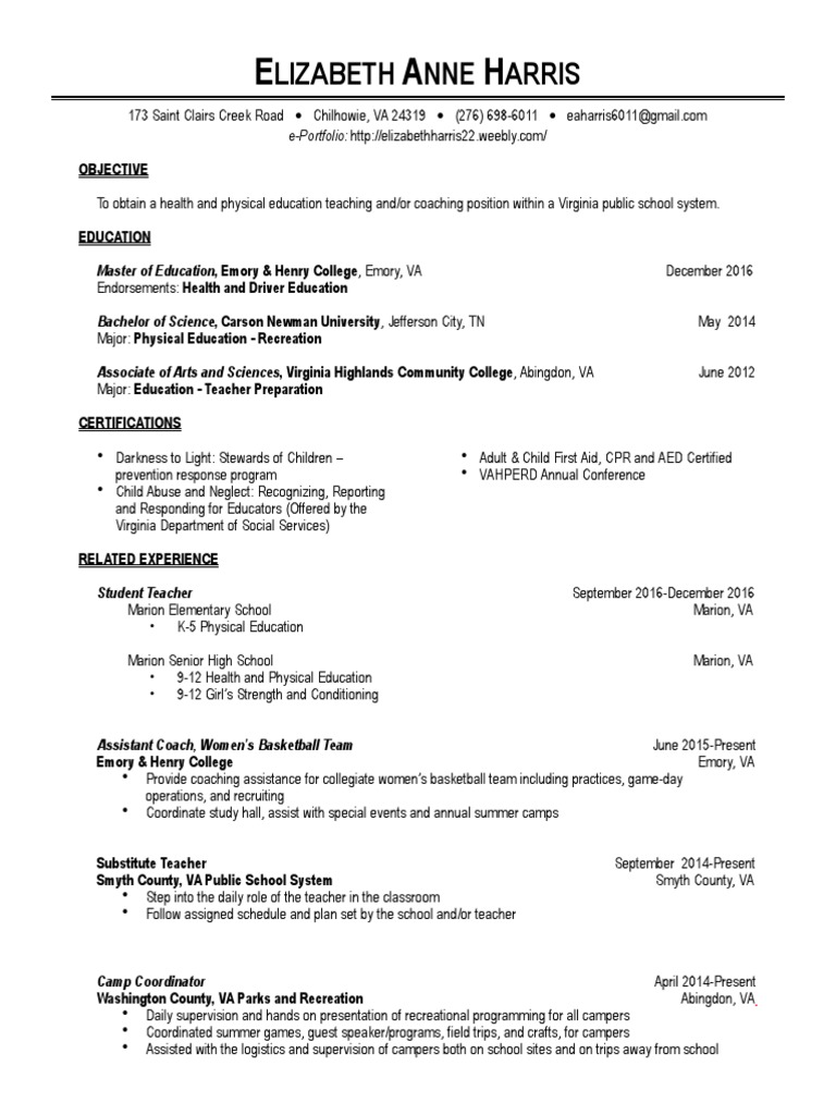 Elizabeth Harris: Health Education Resume | PDF | Virginia | Teachers
