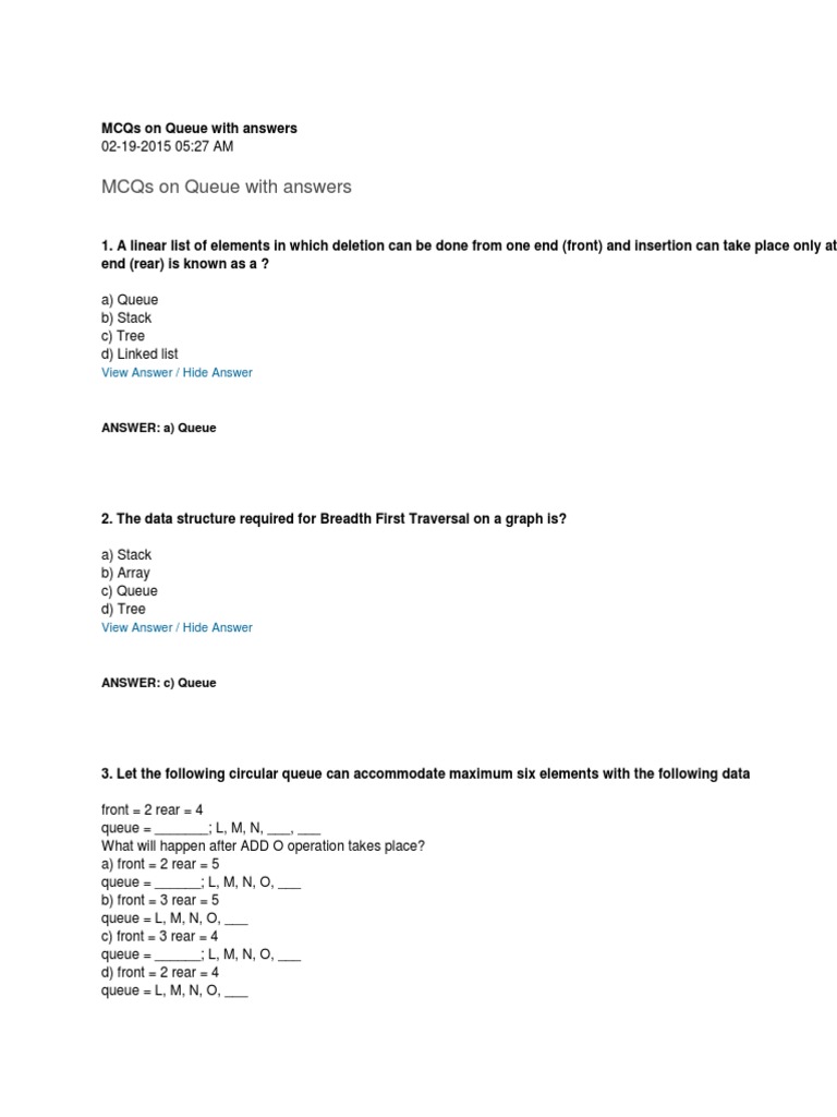 Mcqs On Queue With Answers Pdf Queue Abstract Data Type Array Data Structure 0036