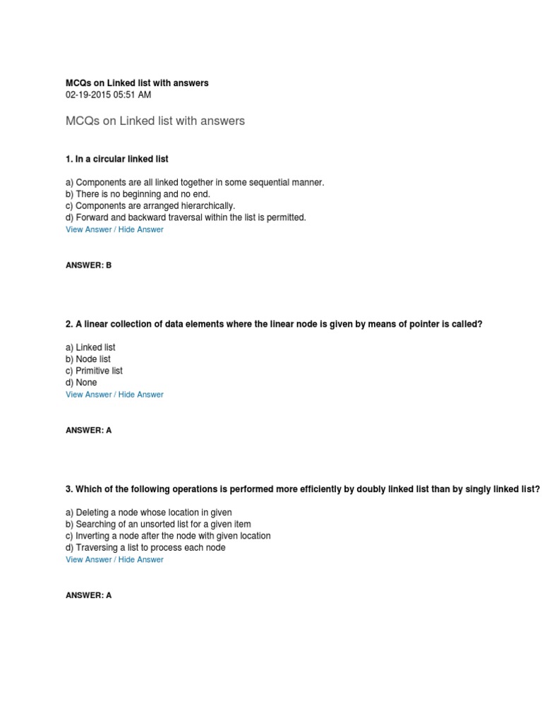 Mcqs On Linked List With Answers Pdf Algorithms And Data Structures Computer Programming 