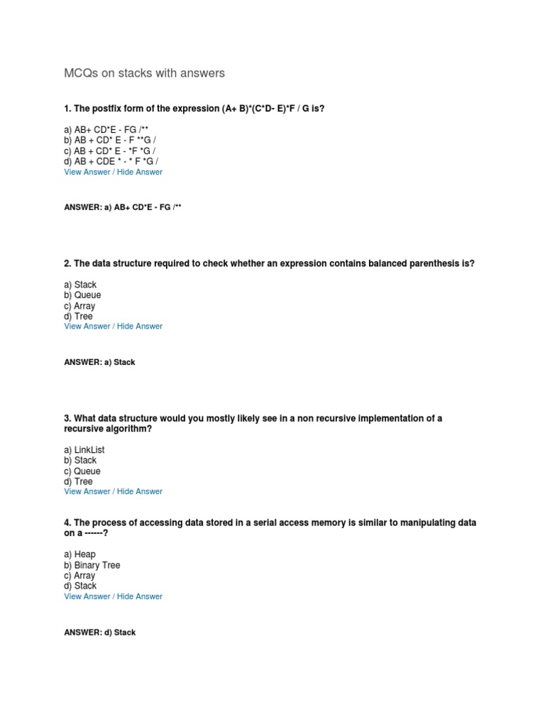 Mcqs On Stacks With Answers Pdf C Programming Language Array Data Structure 0978