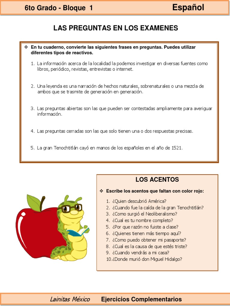 Ejercicios de Preguntas para 6to Grado | PDF | Estudios de idiomas ...