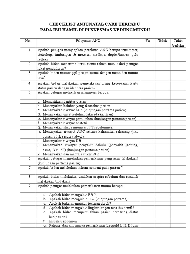 Checklist Sop Pemeriksaan Anc 1 | PDF | Sains & Matematika