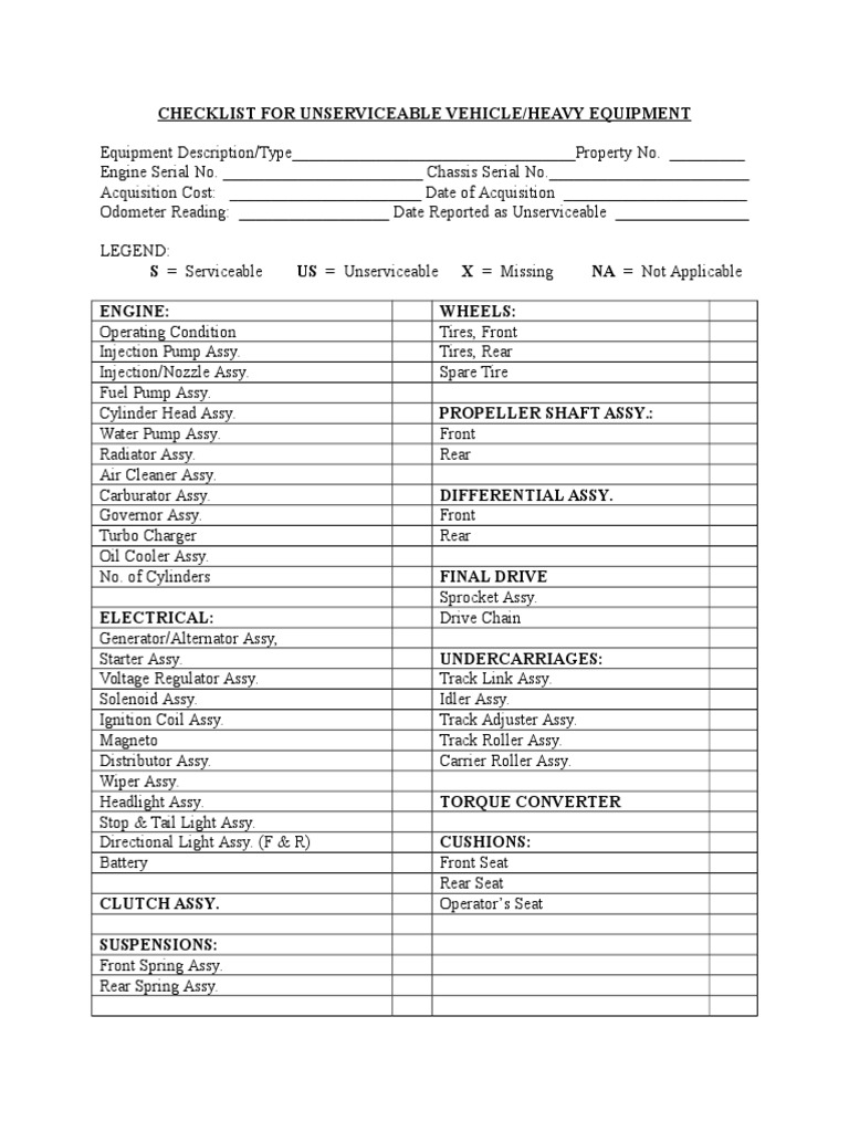 Unserviceable Vehicle Checklist Template | PDF