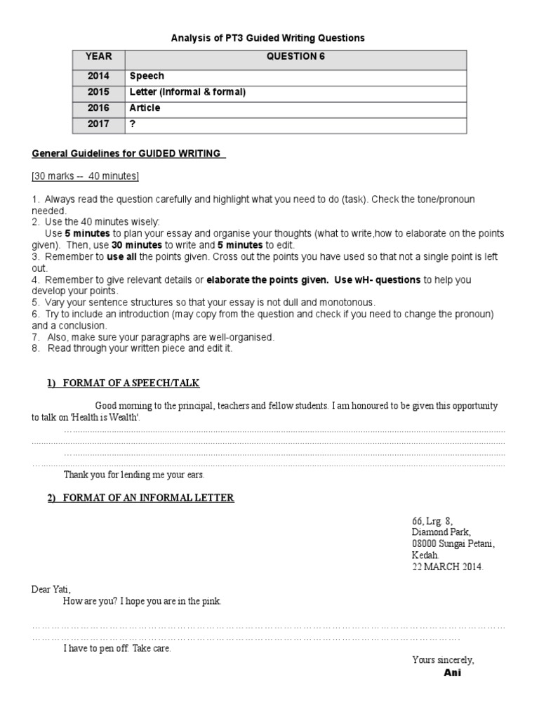 Analysis of PT3 Guided Writing Questions