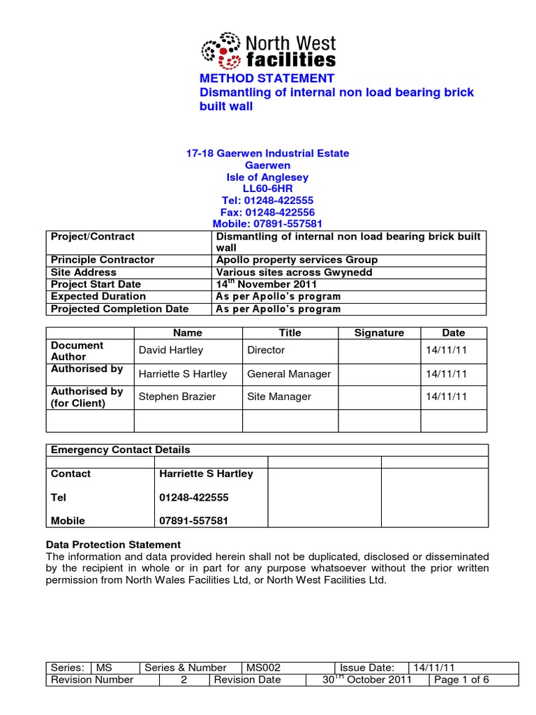 Method Statement Demolition MS 873 Non Load Bearing Wall | First Aid ...