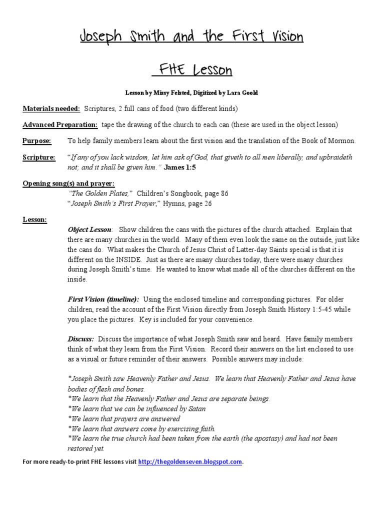 Joseph Smith and The First Vision FHE Lesson | PDF | Joseph Smith | The ...