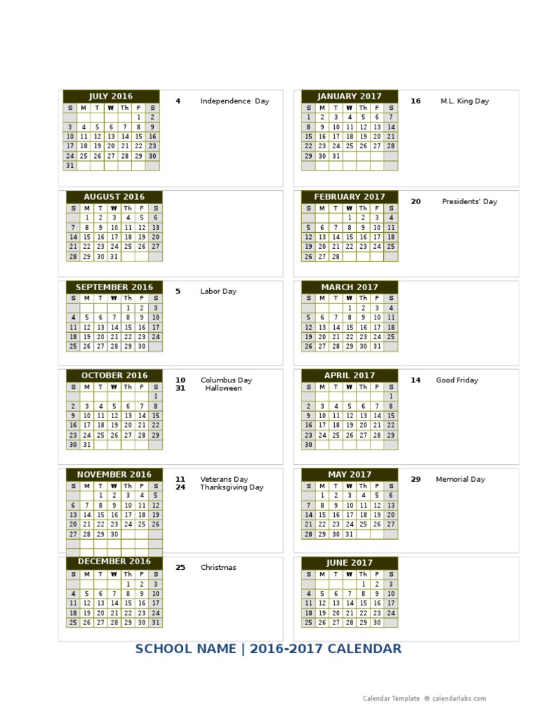 School Name - 2016-2017 Calendar: JULY 2016 JANUARY 2017 | PDF