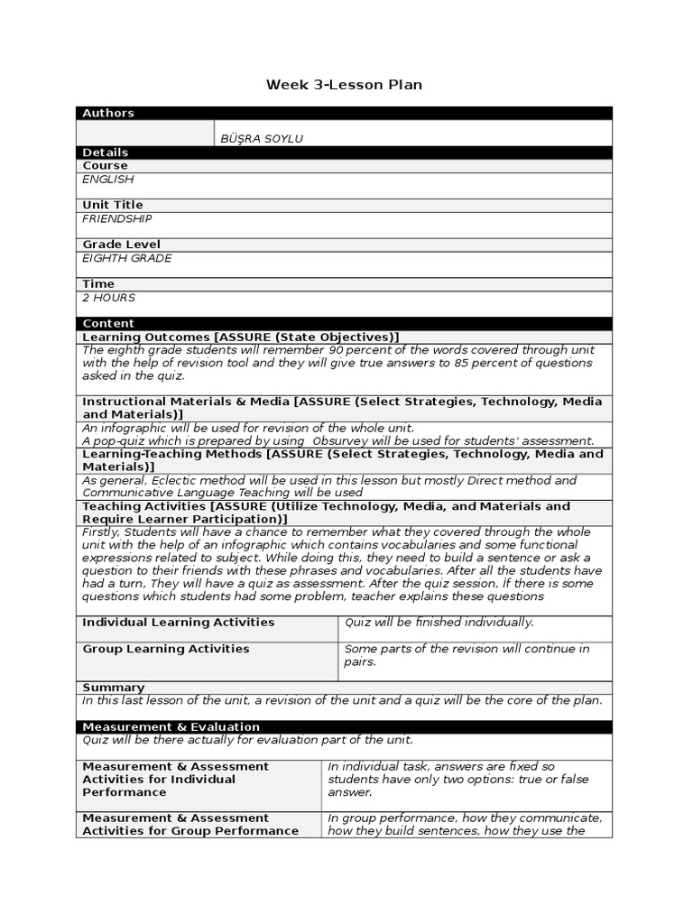 Eighth Grade Friendship Lesson Plan | PDF