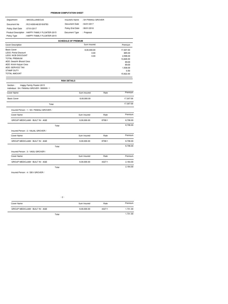 Premium Computation Sheet | PDF