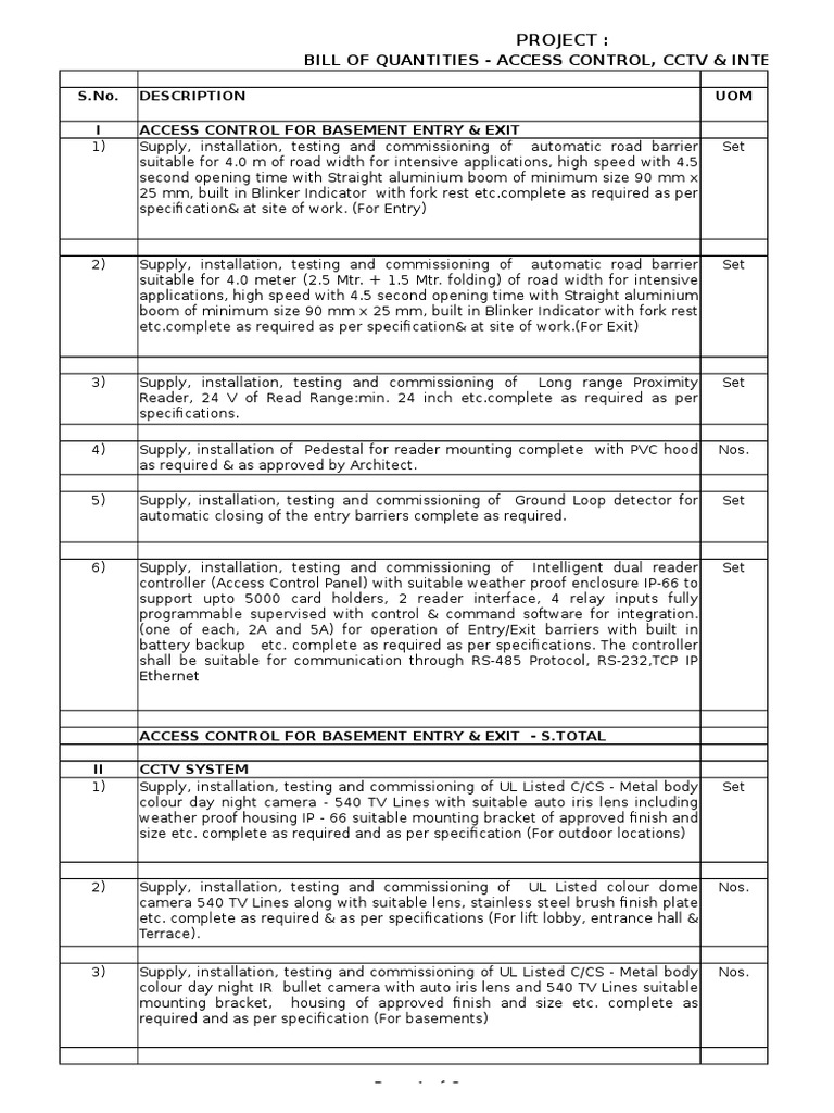 BOQ of Security System | Access Control | Coaxial Cable