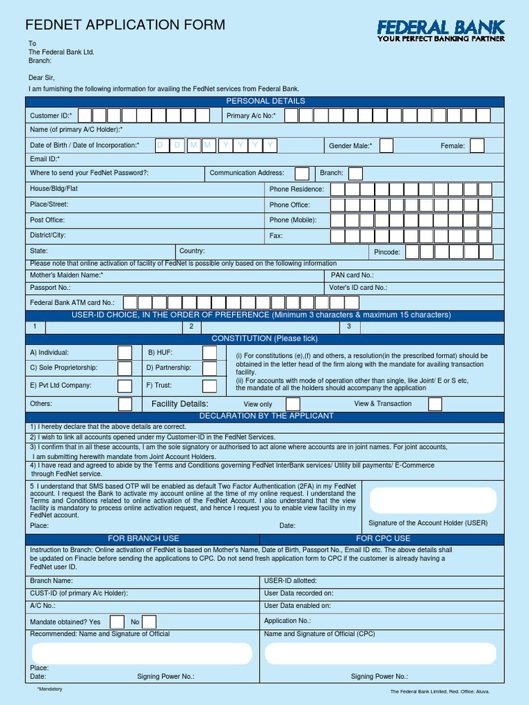FedNet Application Form | PDF | Overdraft | Password