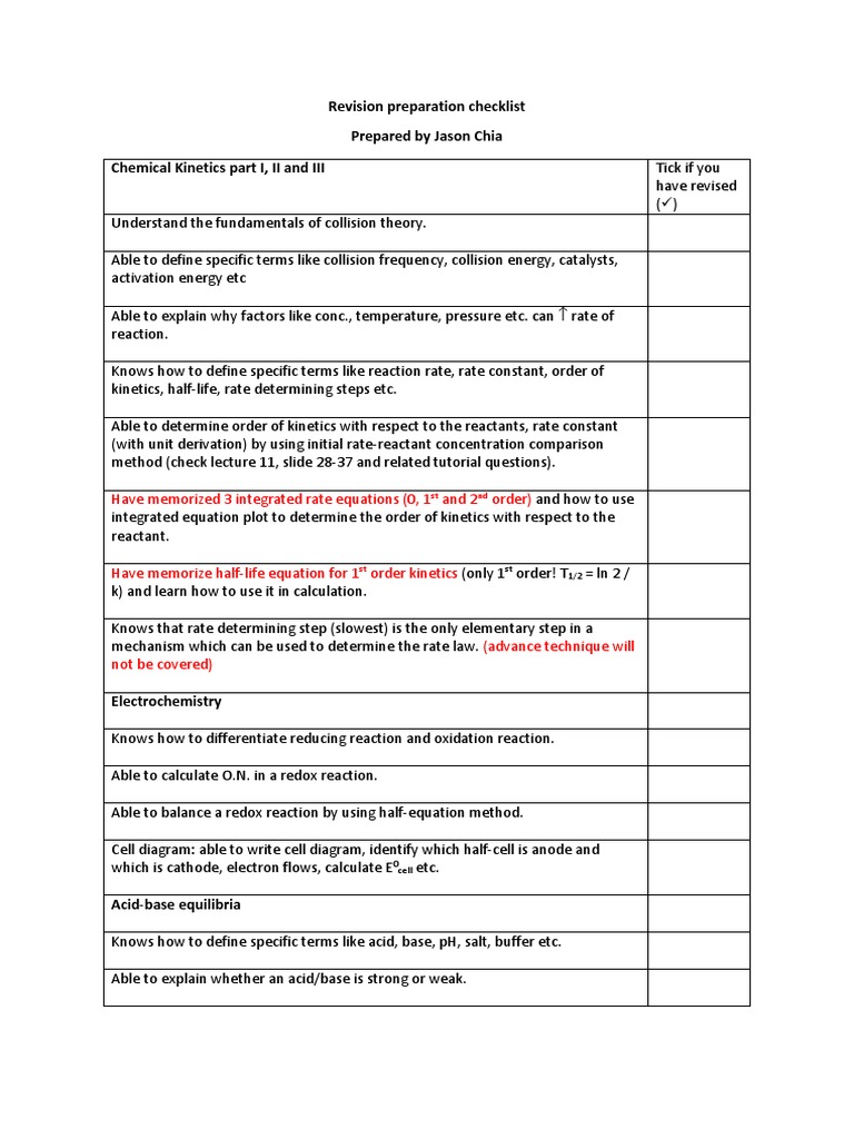 Revision Preparation Checklist | PDF | Science & Mathematics