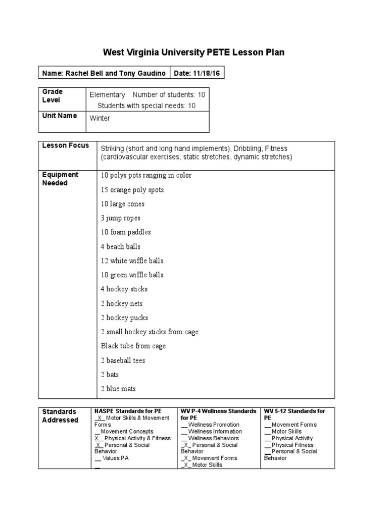 West Virginia University PETE Lesson Plan: Name: Rachel Bell and Tony ...