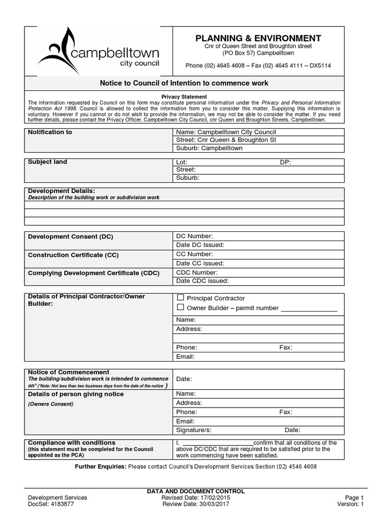 Planning & Environment: Notice To Council of Intention To Commence Work ...