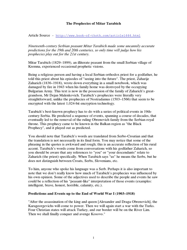 Mitar Tarabich's Prophecies Explained | PDF | Josip Broz Tito | World ...