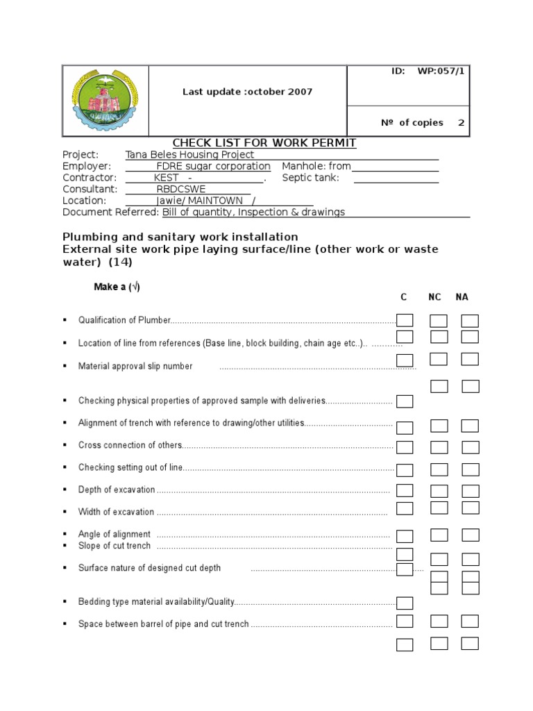 Plumbing Work Permit Checklist | PDF | Technology & Engineering