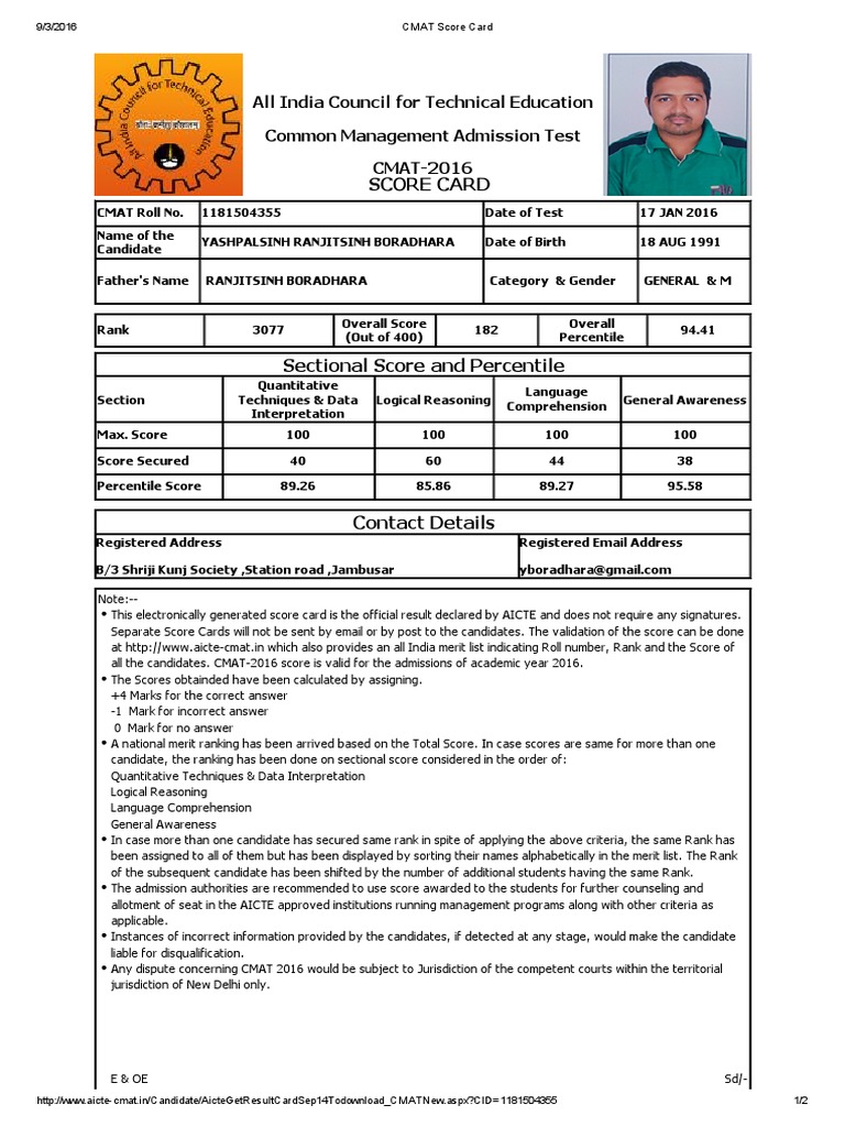 Score Card: All India Council For Technical Education Common Management ...