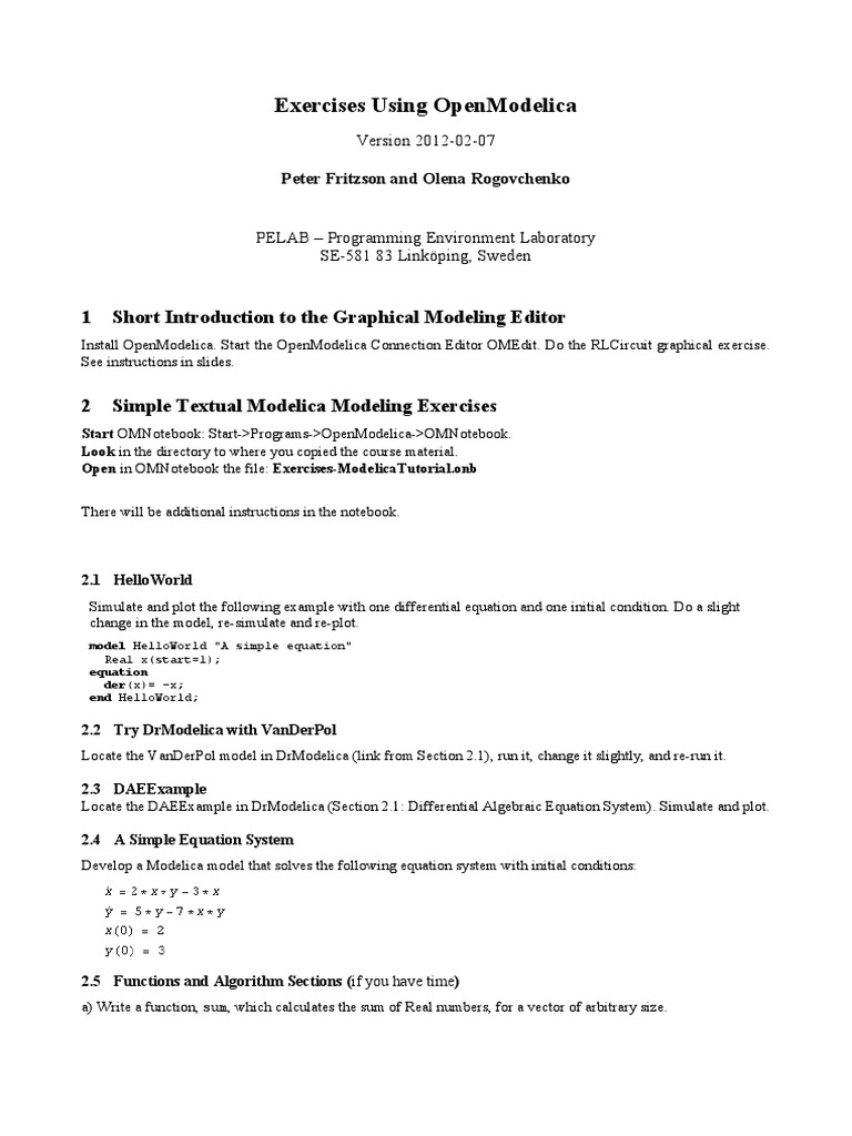 Exercises Modelica Tutorial | PDF | Equations | Areas Of Computer Science
