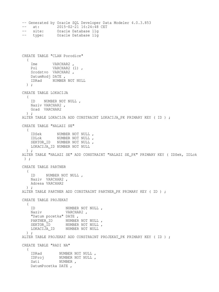 Preduzece ORACLE Data Modeler DDL Naredbe | PDF
