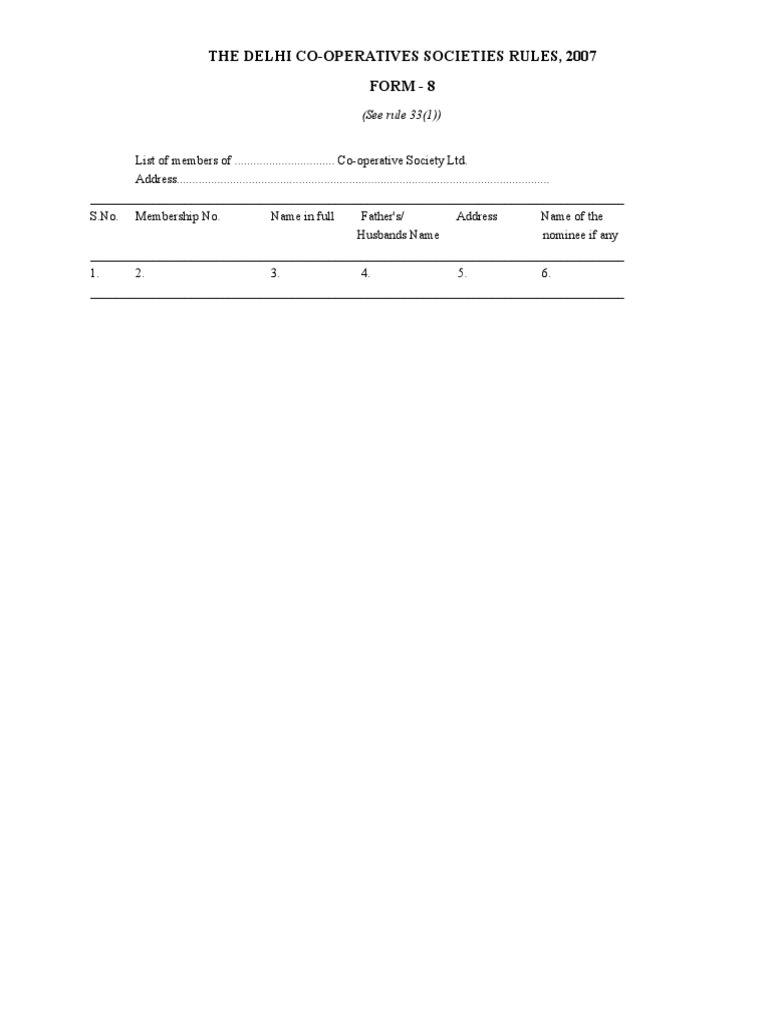 The Delhi Co-Operatives Societies Rules, 2007 Form - 8: (See Rule 33 (1 ...